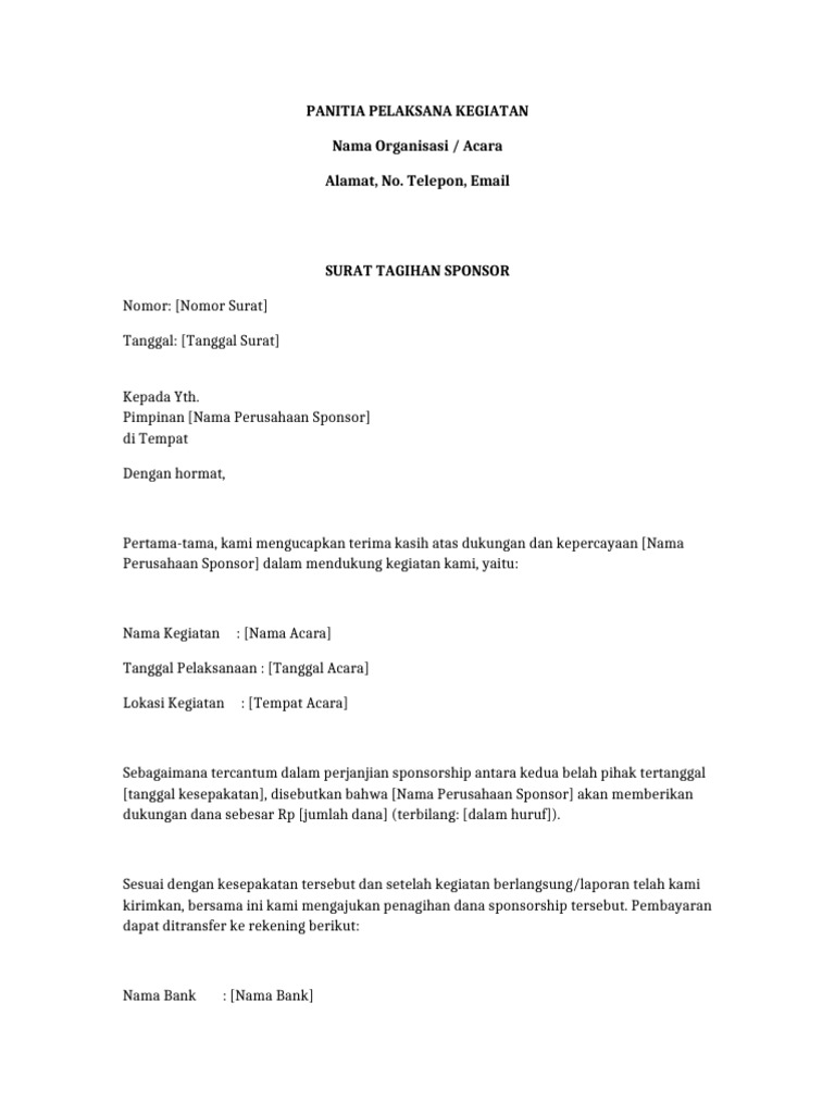 Surat Tagihan Dana Sponsorship | PDF