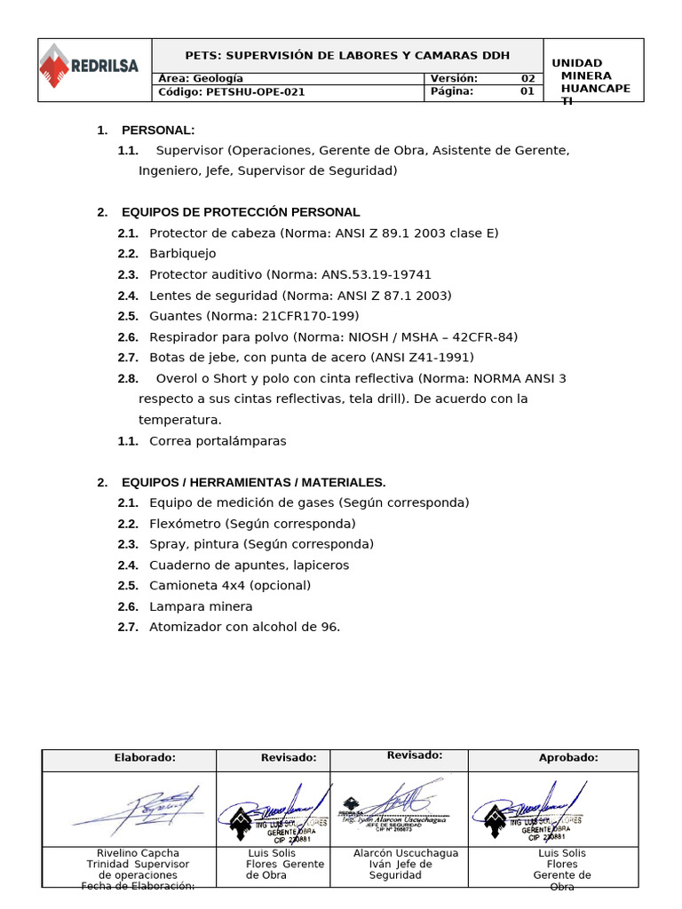 PETSHU-OPE-021- Supervisiòn de Labores y Camaras DDH | PDF