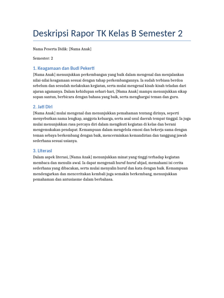 Deskripsi Rapor TK Kelas B Semester 2 | PDF
