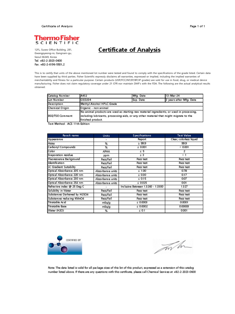 CoA Methanol Fisher A452 - O3D204 | PDF