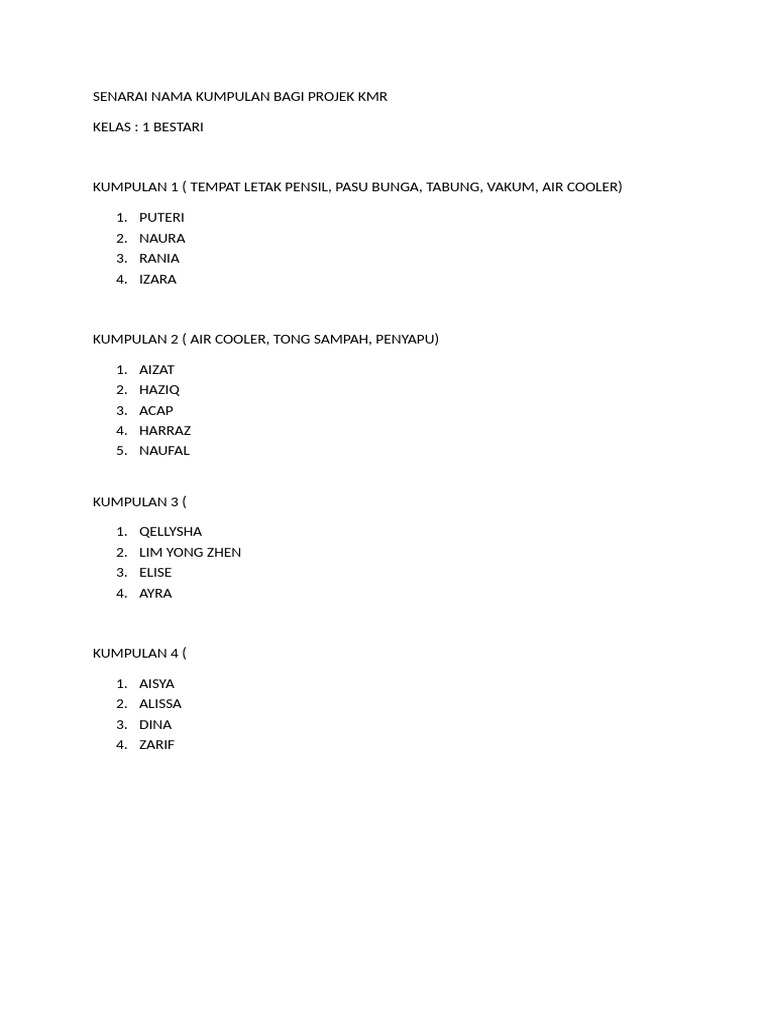 Senarai Nama Kumpulan Bagi Projek KMR | PDF