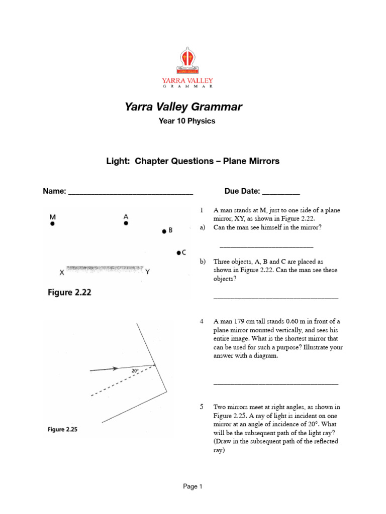 Year 10 Physics: Plane Mirrors Questions | PDF | Mirror | Reflection ...