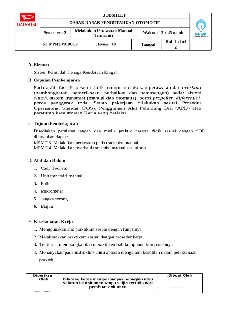 Jobsheet Transmisi Manual | PDF