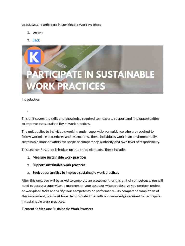 Participate in Sustainable Work Practices | PDF | Energy Conservation ...