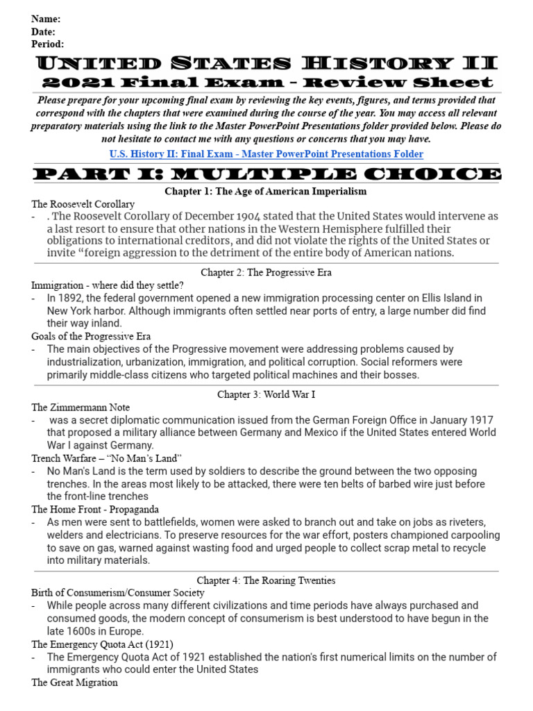 2021 USII Final Exam - Review Sheet | PDF | Nazi Germany | March On ...