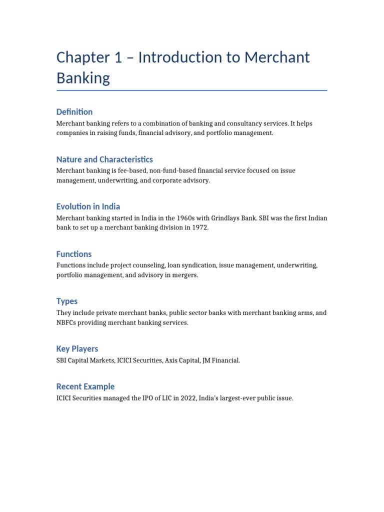 Chapter 1 Introduction To Merchant Banking Notes | PDF