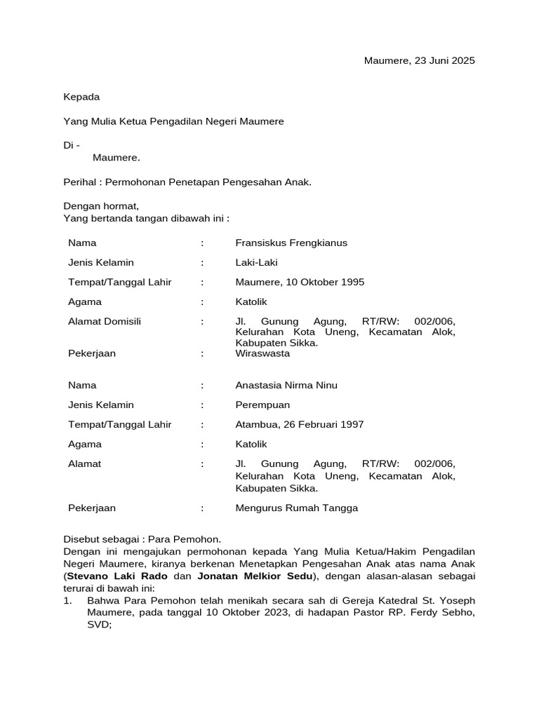 Permohonan Pengesahan Anak Atas Nama Pemohon Marianus Yusthus Uja Baru | PDF