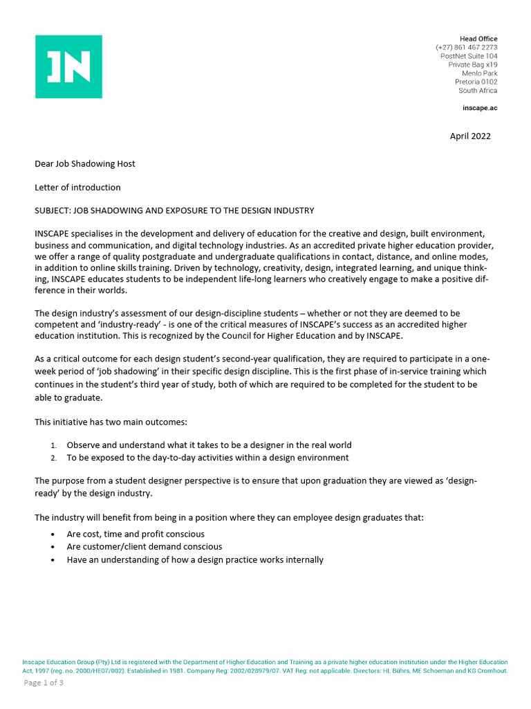 Job Shadowing - Host Contract - 2022 - Bdes - Ba - Dip 02 - V03.docx-4 | PDF | Design | Learning