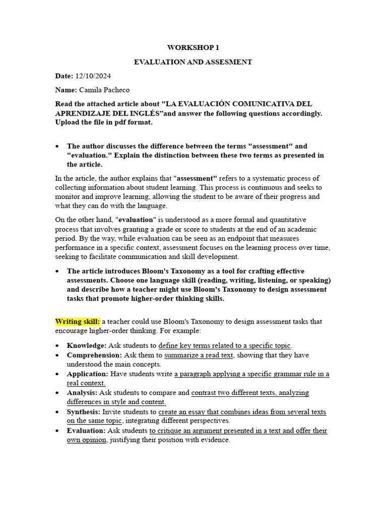 Workshop 1 (Evaluation and Assesment) | PDF