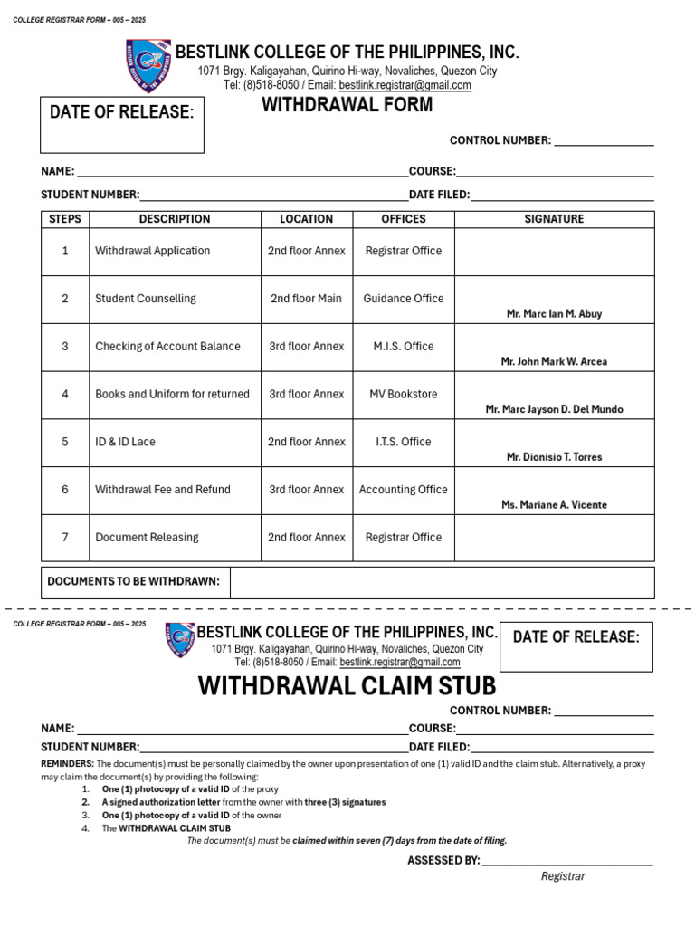 Bestlink College Withdrawal Form 2025 | PDF