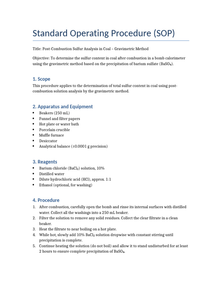 SOP Sulfur Gravimetric Post Combustion | PDF