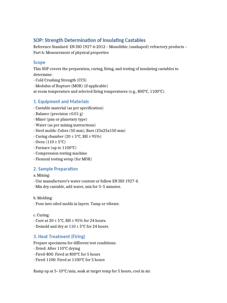 Insulating Castables Strength Testing SOP | PDF