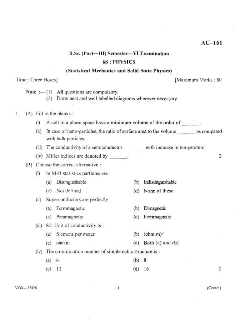 BSC 6 Sem Physics Statistical Mechanics and Solid State Physics Summer 2018 | PDF | Electrical ...