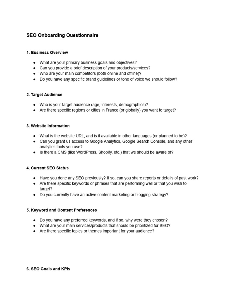 SEO Onboarding Questionnaire | PDF