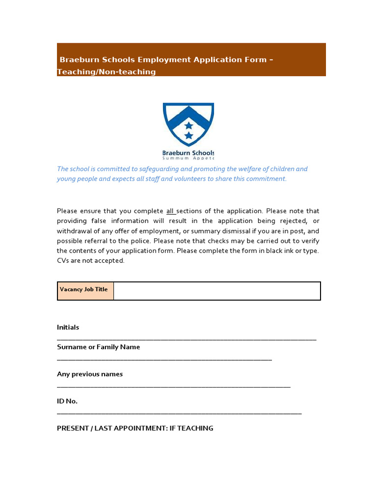 Braeburn Schools Job Application Form | PDF