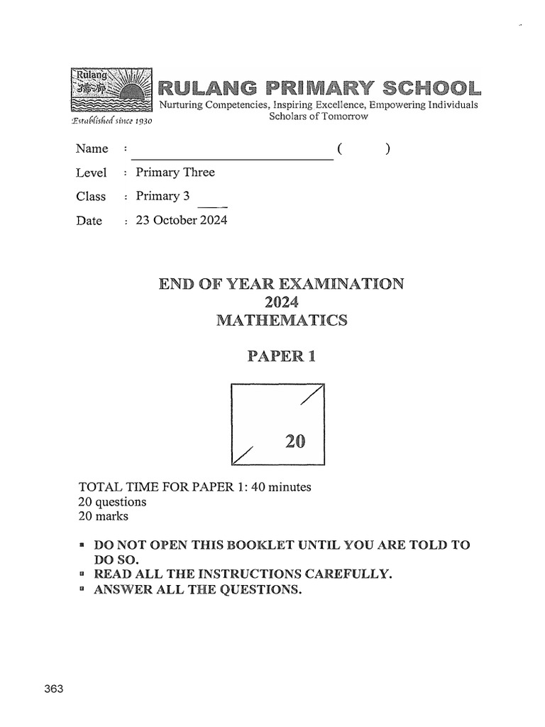 P3 Maths EOY 2024 Rulang Exam Papers | PDF