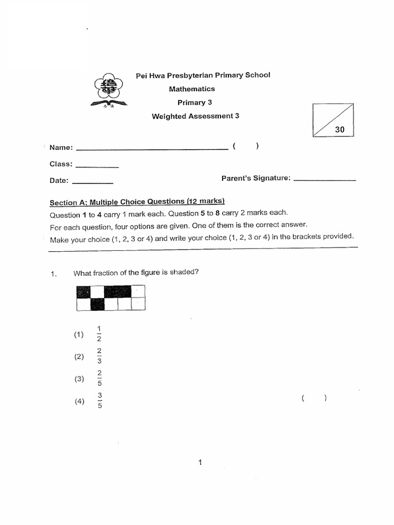 P3 Maths WA3 2024 Peihwa Exam Papers | PDF