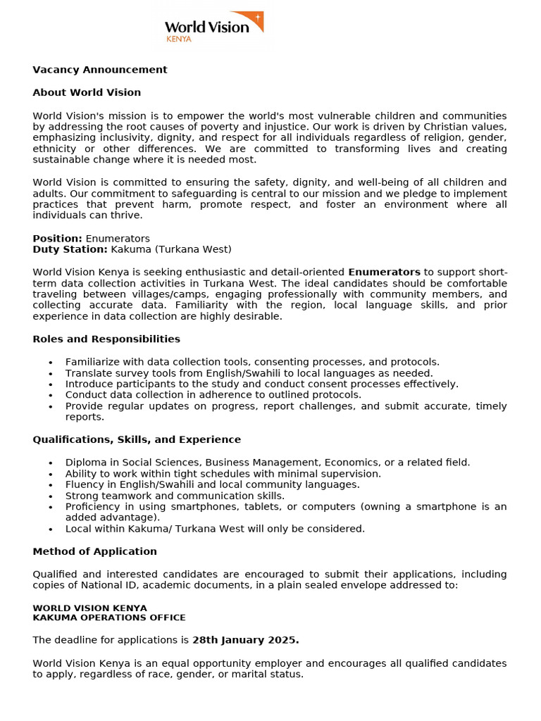 Enumerator Position at World Vision Kenya | PDF | Kenya
