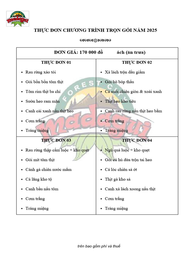 THỰC ĐƠN CT TRỌN GÓI 2025 | PDF