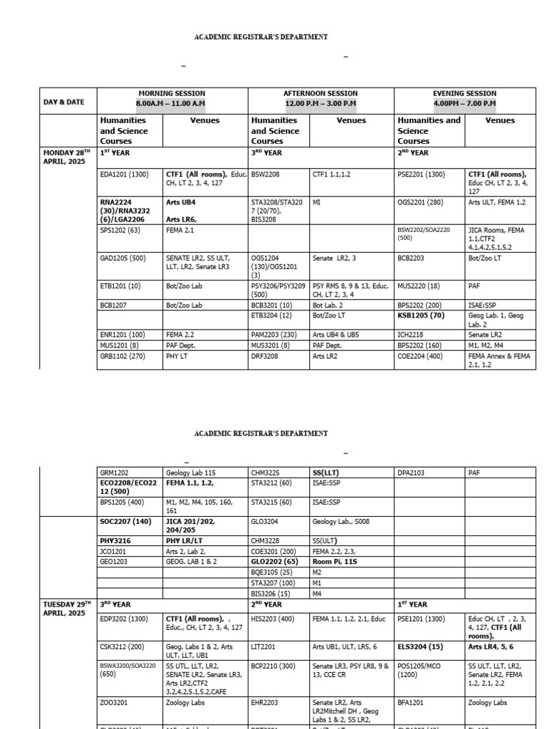 SEMESTER TWO Timetable 2024-2025 Draft 1 | PDF