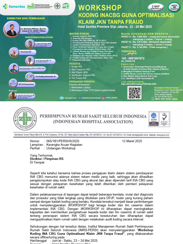 Surat Edaran Workshop Koding Ina CBG Guna Optimalisasi Klaim JKN Tanpa Fraud TGL 23 24 Mei 2025 ...