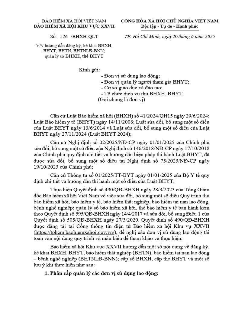 526 Qlt Hd Dv Luat Bhxh Bhyt 2024 | PDF