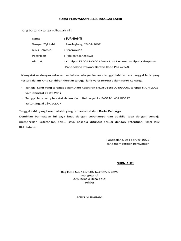 Surat Keterangan Beda Tanggal Lahir | PDF