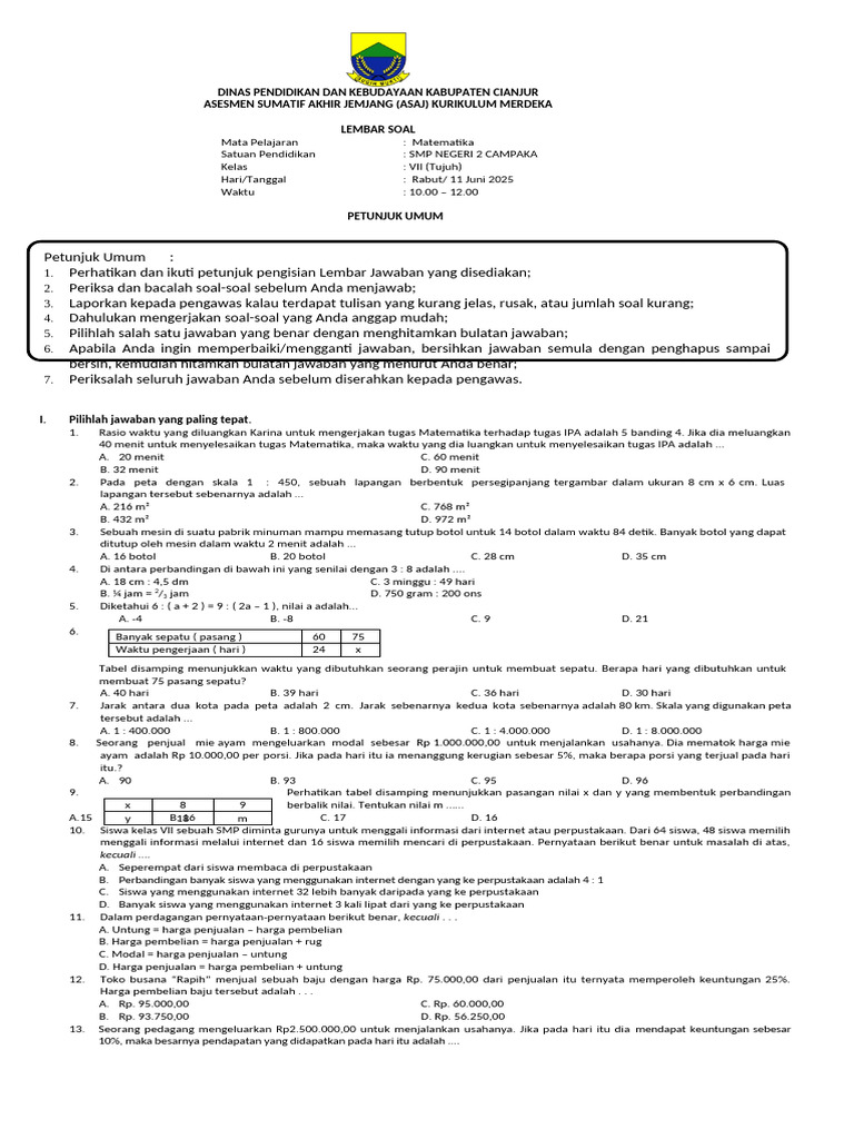 SOAL ASAJ MATEMATIKA KELAS 7/8 | PDF