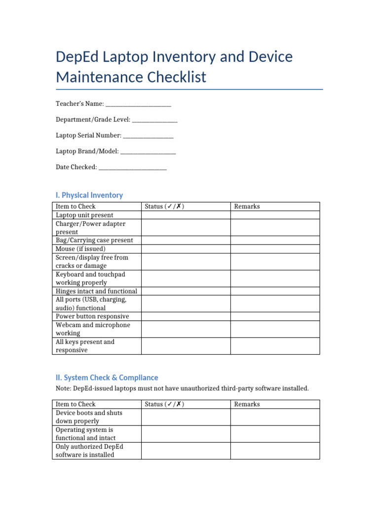 DepEd Laptop Inventory Checklist | PDF