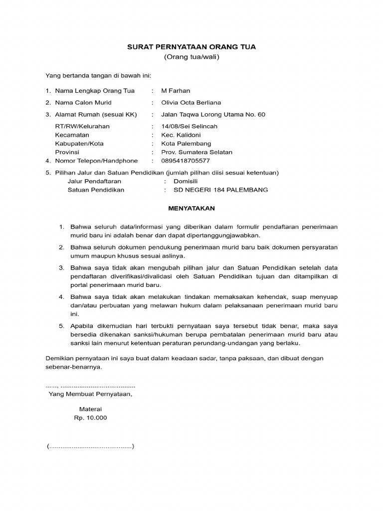 Surat Pernyataan Tanggung Jawab Mutlak Orang Tua | PDF