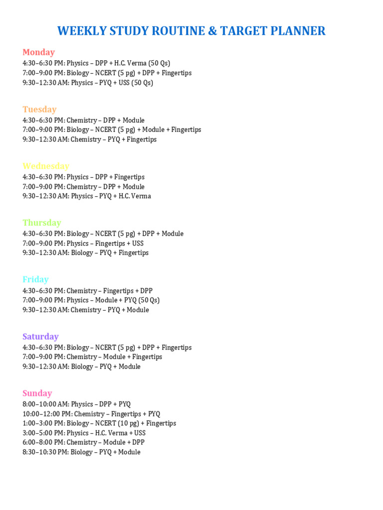 Colorful Weekly Study Routine | PDF