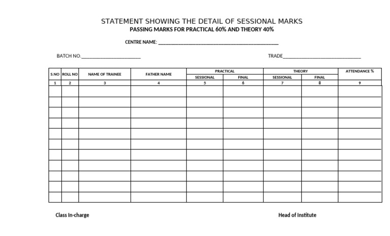 Sessional Mark Sheet Blank | PDF