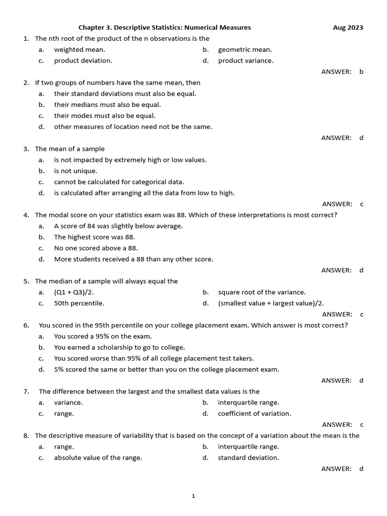 Chapter 3. Descriptive Statistics - Numerical Measures - Aug 2023 | PDF ...