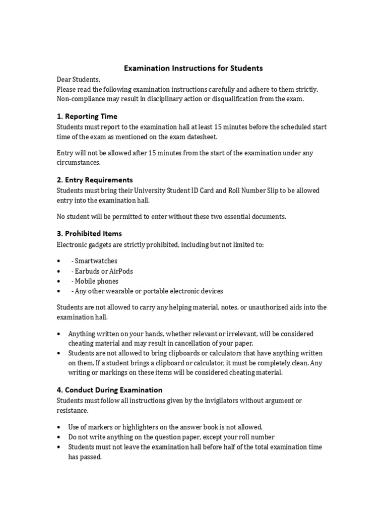 Essential Exam Instructions for Students | PDF