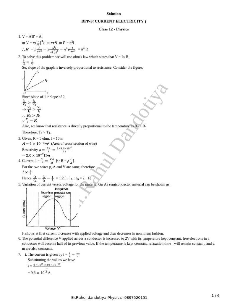 Current Electricity Solutions for Class 12 | PDF | Electrical ...