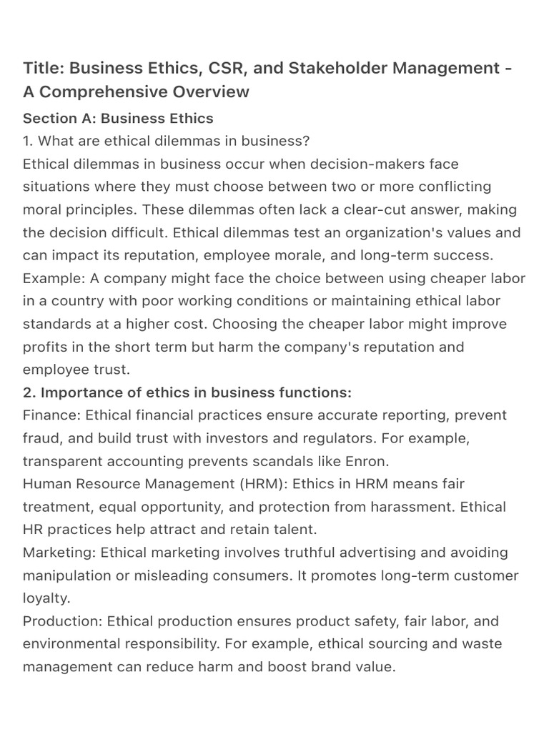 Title: Business Ethics, CSR, and Stakeholder Management - A ...