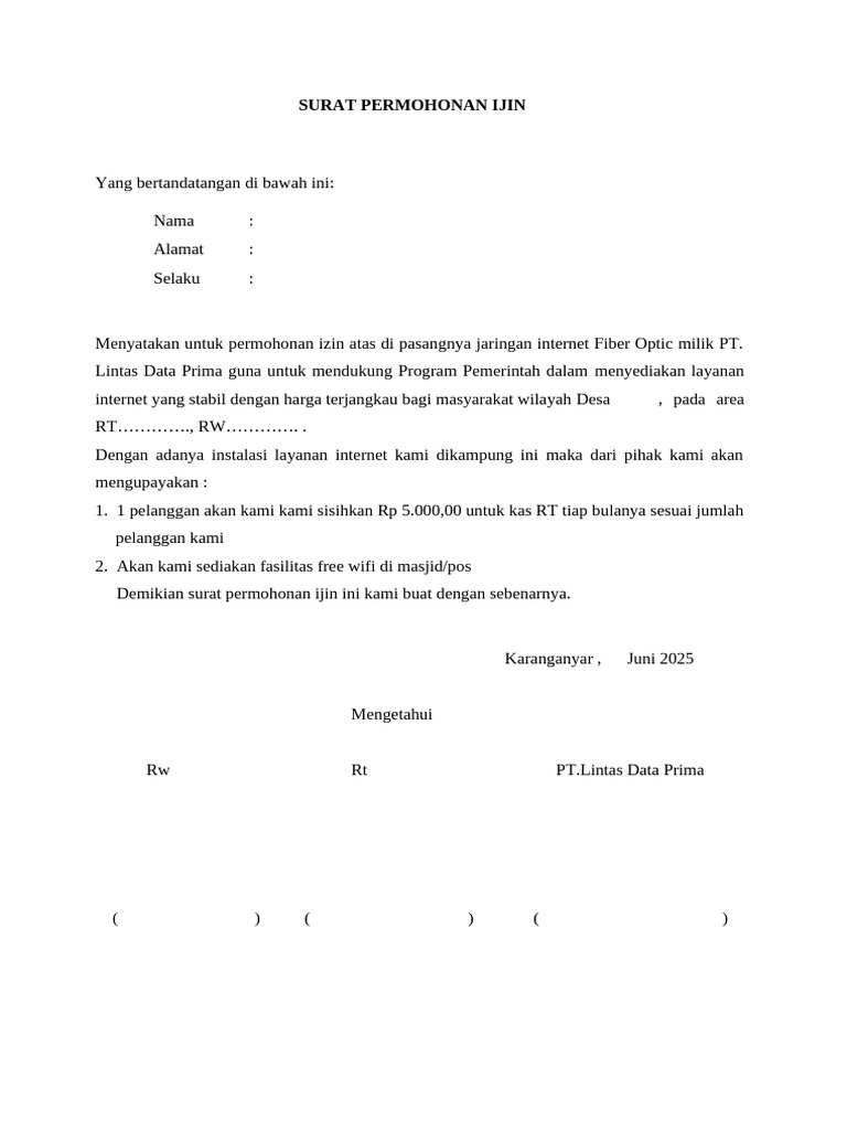 Draft Surat Pernyataan Izin RT RW Baru | PDF