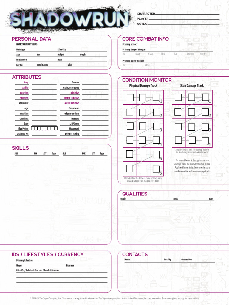 Shadowrun 6e - Record Sheet Form Fillable G | PDF | Role Playing Games