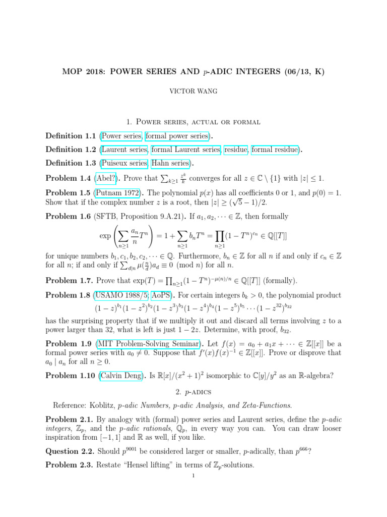 Power Series and p-Adic Integers Guide | PDF | Power Series ...