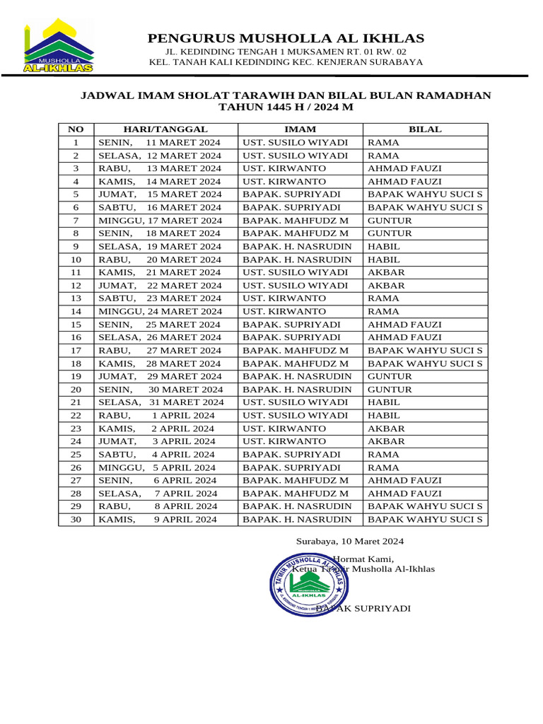 Jadwal Imam Tarawih 2024 | PDF