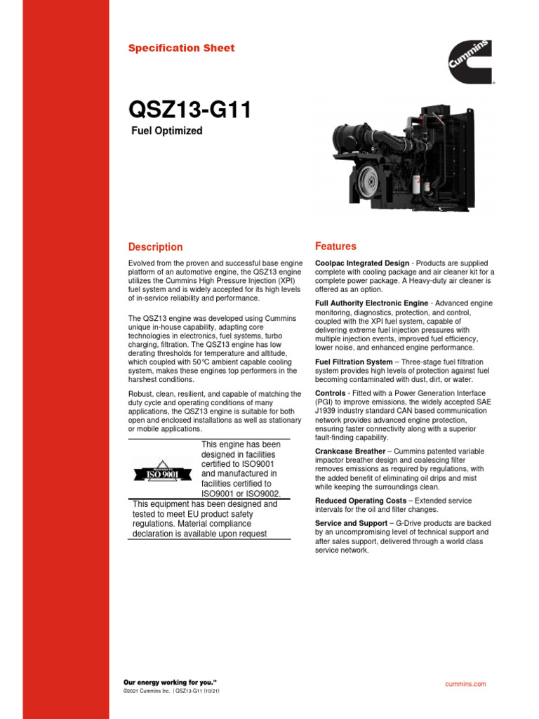 QSZ13-G11 Engine Specification Sheet | PDF | Engines | Cummins