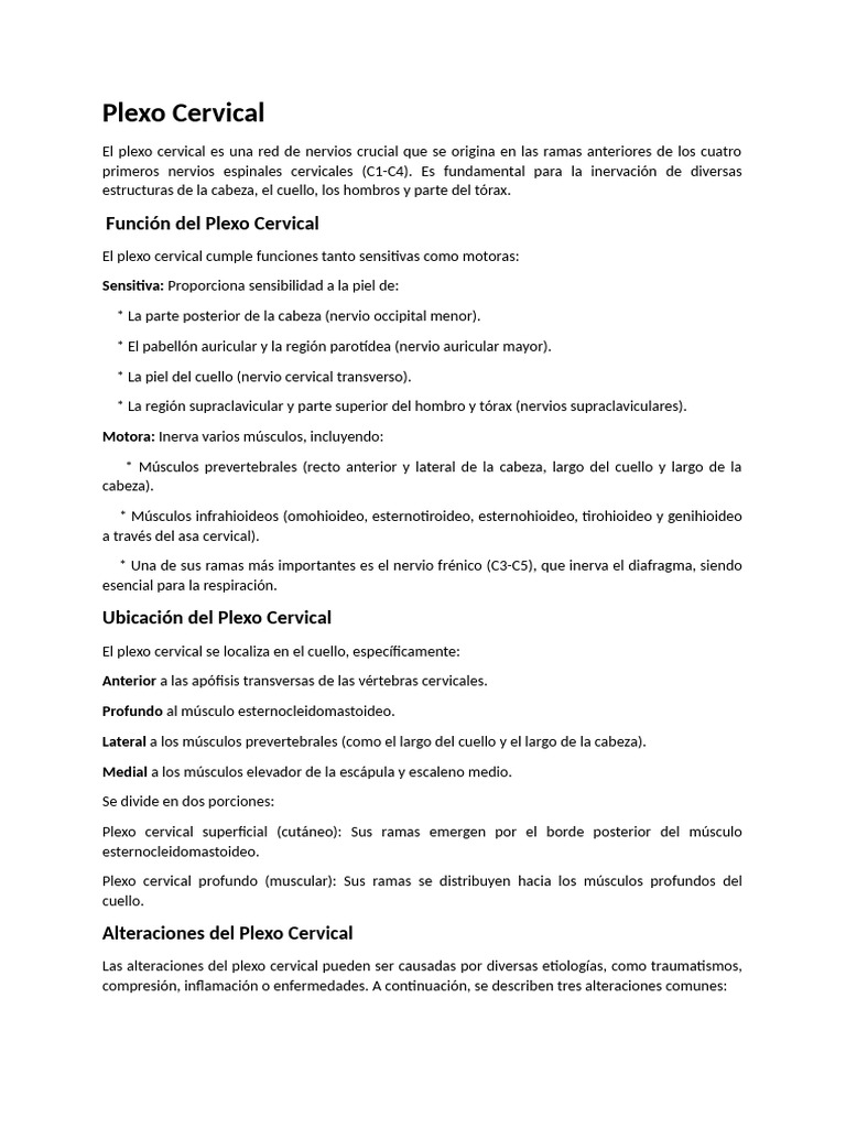 Funciones y Alteraciones del Plexo Cervical | PDF | Sistema ...