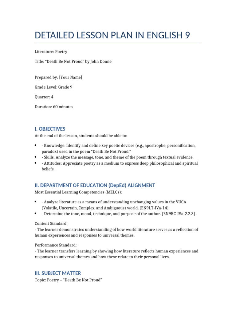 Detailed Lesson Plan Death Be Not Proud With Student Responses | PDF ...