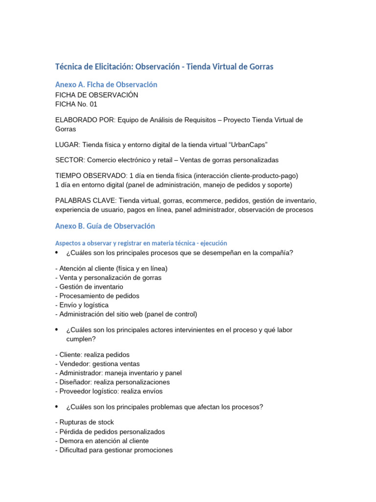 Tecnica Elicitacion Observacion Tienda Gorras | PDF | Las compras en línea | Comercio electrónico