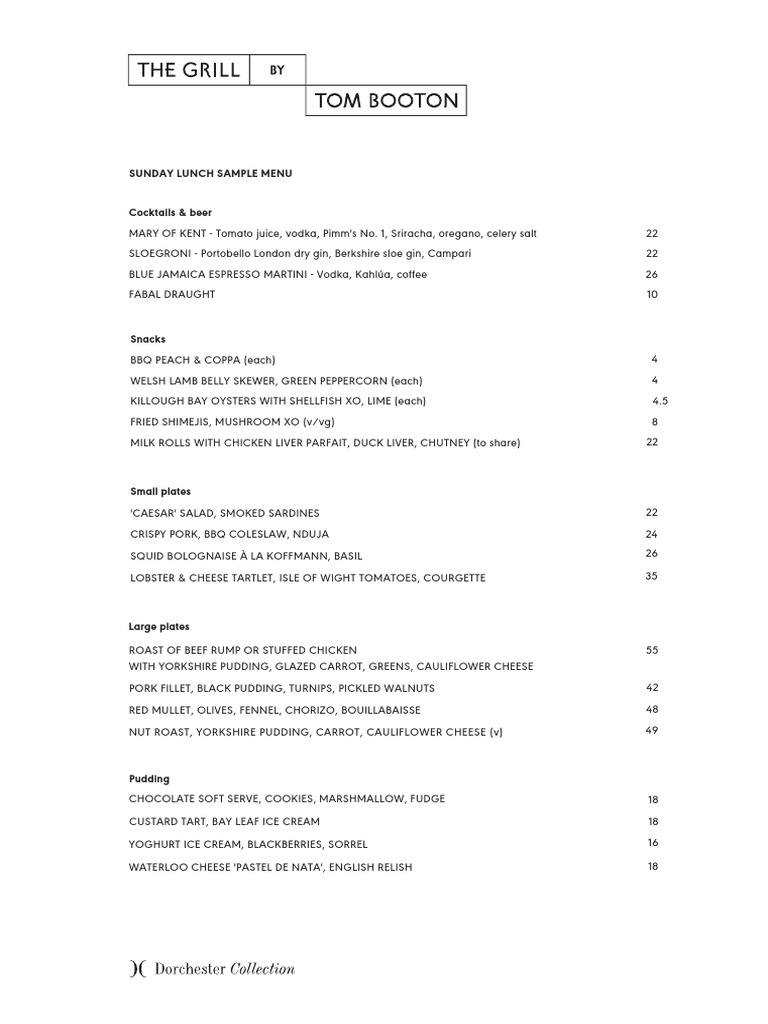 The Dorchester The Grill by Tom Booton Sunday Lunch Menu | PDF