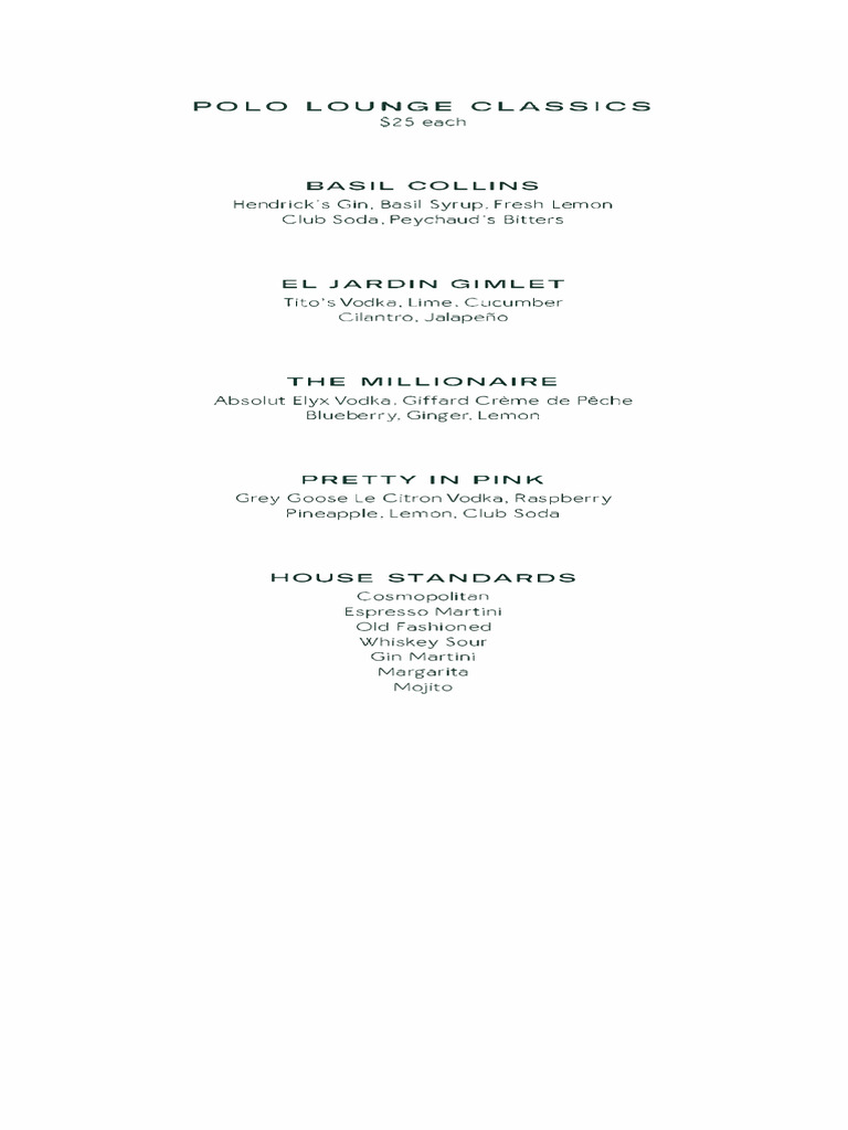 The Beverly Hills Hotel Polo Cocktail Menu | PDF