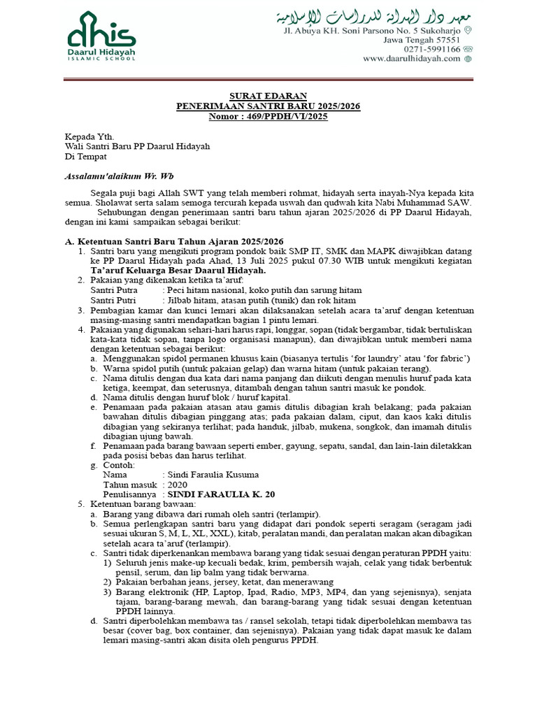 Surat Pemberitahuan Wali Santri Baru (23 Juni 2025) | PDF