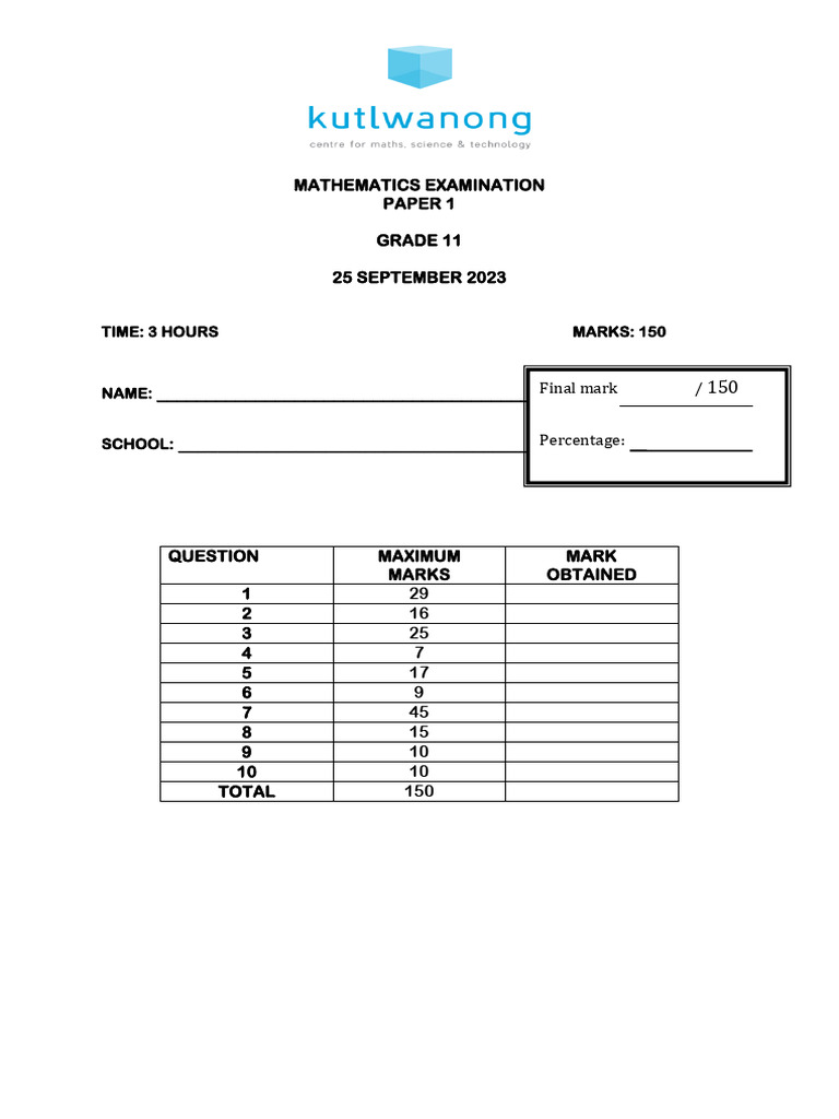 Grade 11 Mathematics Paper 1 (25 Sept 2023) | PDF | Quadratic Equation