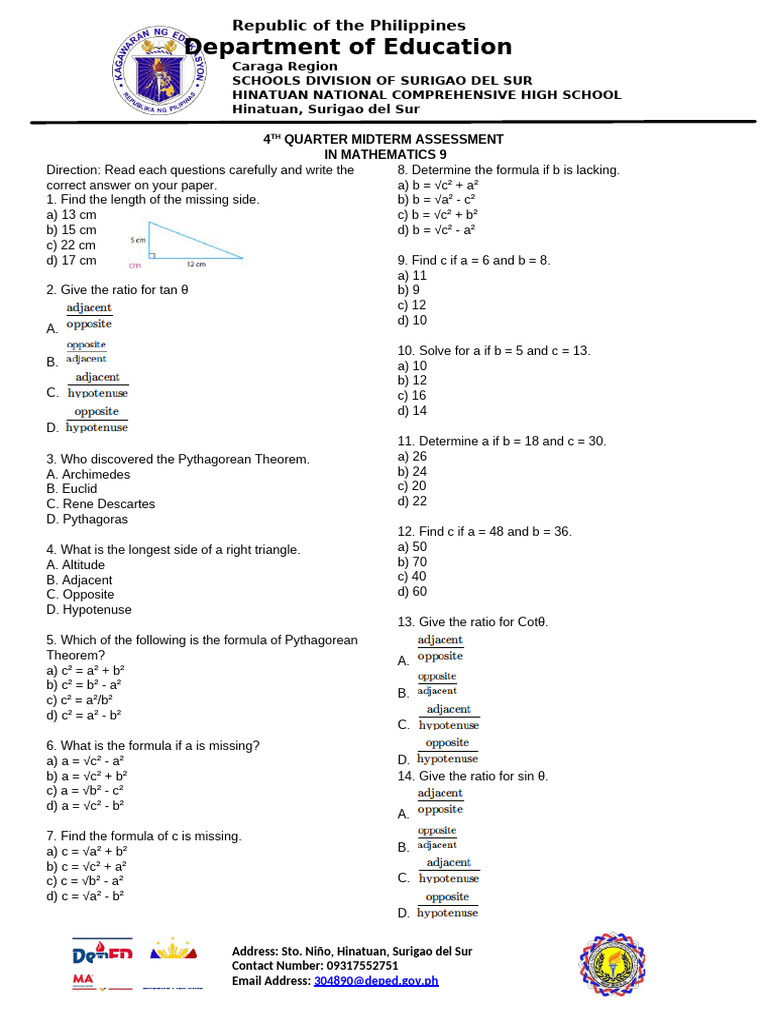 4th Quarter Midterm Assessment | PDF | Trigonometric Functions | Euclidean Plane Geometry