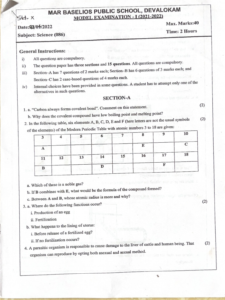 Cbse X Model Examination Science Term 2 2021-22 | PDF